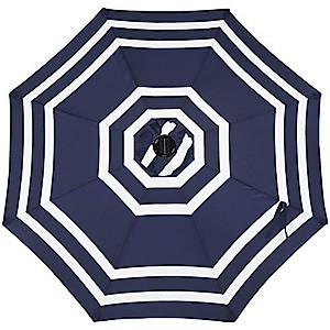 Sunnydaze 9 Foot Outdoor Patio Umbrella with Solar Lights & Tilt/Crank, LED, Navy Blue Stripe