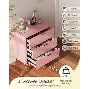 Aobafuir 3 Drawer Dresser for Bedroom, Modern Closet Dressers Chest of Drawers, Storage Dresser Chest Cabinet Organizer Unit, Small Fluted Dresser for Bedroom (Pink Diamond)