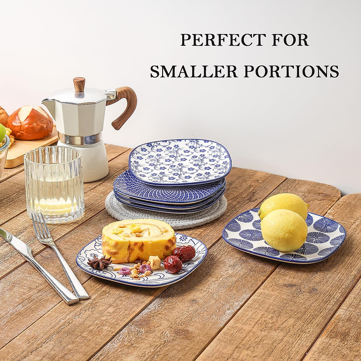 Selamica Porcelain Small Plates, 6 inch Dessert Plates Ceramic, Small Appetizer Plates, Kitchen Salad Plates for Cake Snacks Side Dish, Microwave Dishwasher Safe, Set of 6, Vintage Blue