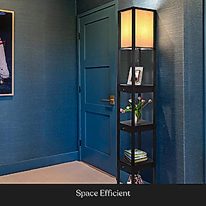 Brightech Maxwell Drawer Edition - Modern Shelf Floor Lamp with Drawer - Corner Display Floor Lamps with Shelves for Living Room, Bedroom and Office - Black