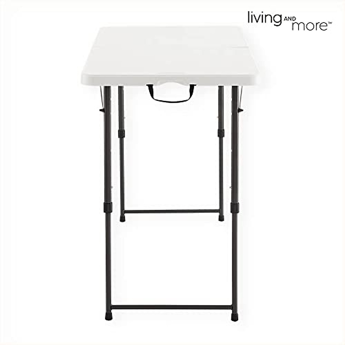 Living and More 4 Foot Height Adjustable Fold-in-Half Table with Carrying Handle, Easy Folding and Storage, Indoor Outdoor Use, White