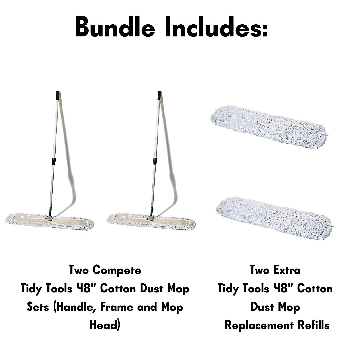 Tidy Tools Commercial Dust Mop & Floor Sweeper – 48 x 5 in. and Cotton Reusable Mop Head Bundle - 2 Mop Sets and 2 Refills