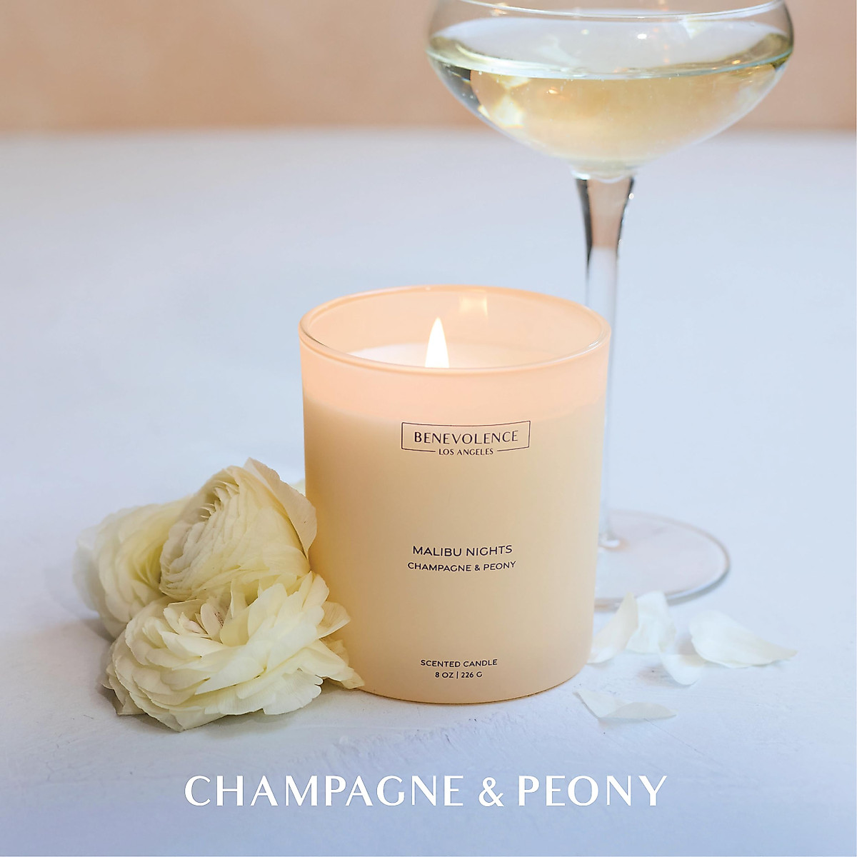 Benevolence LA Malibu Nights Scented Candle | Champagne & Peony | 8oz, 45-Hour Burn | Luxurious Home Fragrance | Natural Wax, Cotton Wick | Malibu Sands Collection