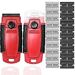 WEKOIL Plastic Razor Blade Scraper Hand Held Window Vinyl Tint Scraper with Protective Cover Razor Blade Red Scraper,10 Metal Razor Blades 10 Black Plastic Scraper Blades Removal Scraping Tool Kit
