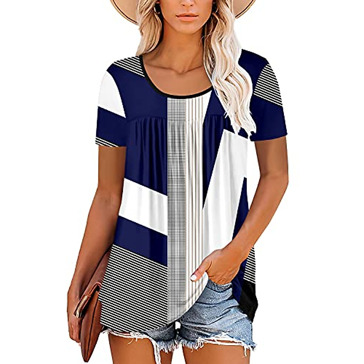 KISSMODA Tunic Tops Short Sleeve Shirts for Women Loose Fitting Casual Cute Shirt Summer Crewneck Lounge Plus Size Blouse Geometry 3XL