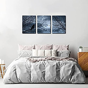 Pacimo 3 Pieces Canvas Art Wall Decor Full Moon Halloween Pictures Black and White Wall Art Painting Prints on Canvas Modern Artwork Stretched and Framed Ready to Hang - 12" x 16" x 3