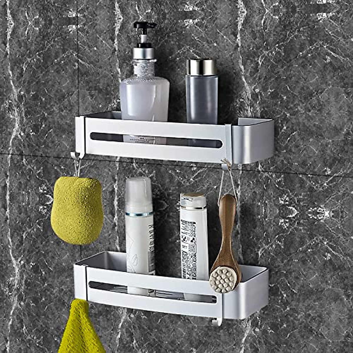 Shower Caddy Basket Shelf with Hooks, 2 Packs Caddy Organizer Wall Mounted Rustproof Basket with Adhesive, No Drilling, Thickened Aluminum, Storage Rack for Bathroom Shower Kitchen (Sliver)