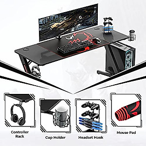 It's_Organized Gaming Desk, 60 Inch Z Shaped Carbon Fiber Surface Desktop PC Computer Gaming Table Gamer Workstation with Free Mouse Pad Cup Holder Headphone Hook Handle Rack, Black