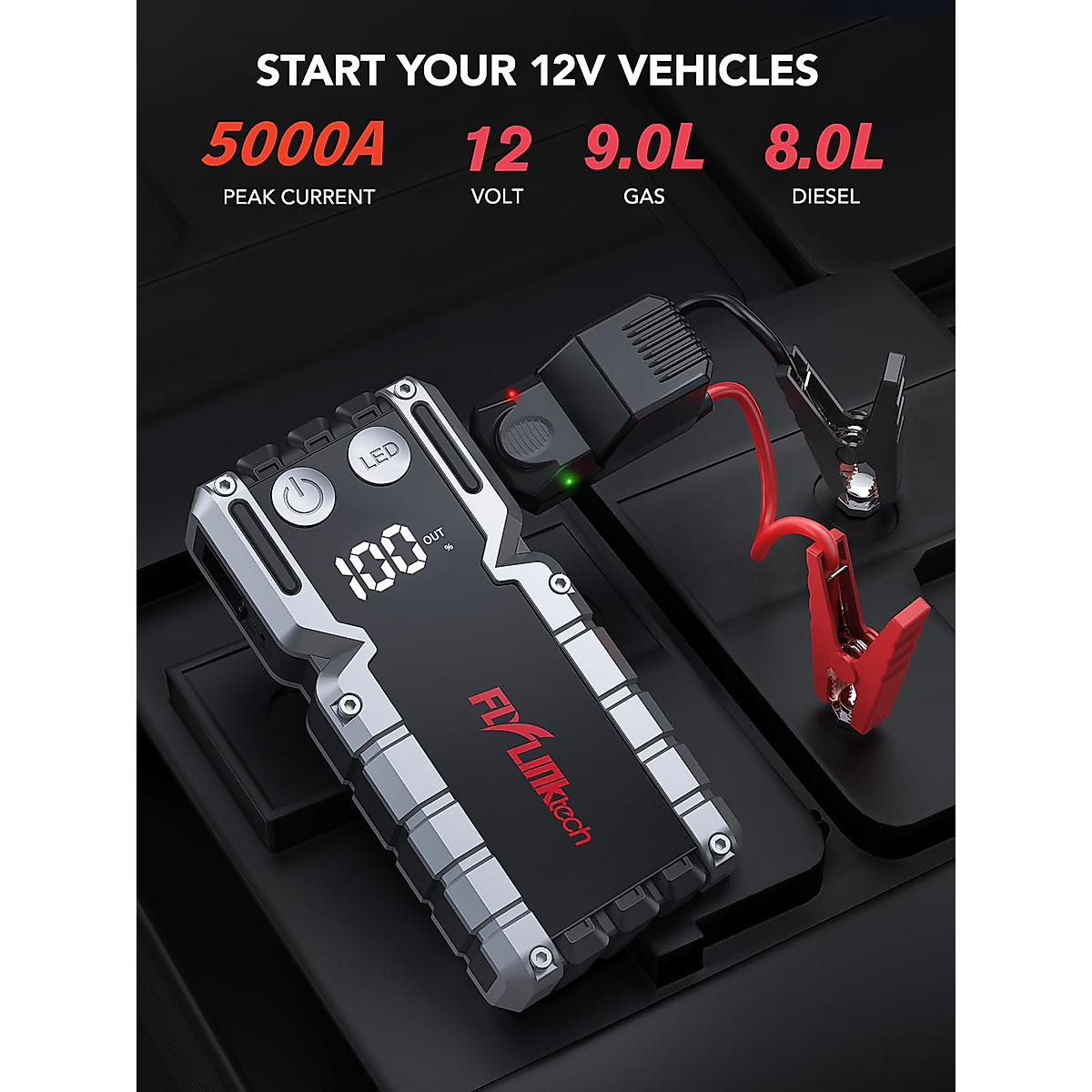 FLYLINKTECH 5000A Car Battery Jump Starter(Up to 9.0L Gas or 8.0L), Portable Car Jump Starter Battery Pack, 12V Jump Box with Safety Jumper Cables, Fast Charge 3.0, Lights, LCD Display