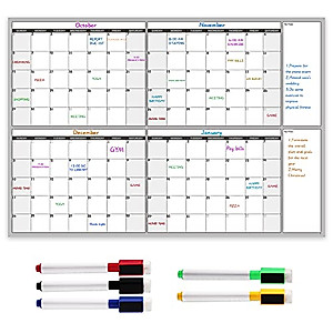Large Wall Calendar Undated - Dry Erase Calendar for Wall，35.8 '' X 31.8 '' - Four Monthly Dry Erase Reusable Wall Planner - Includes 8 Sticker Dots and 5 Whiteboard Markers