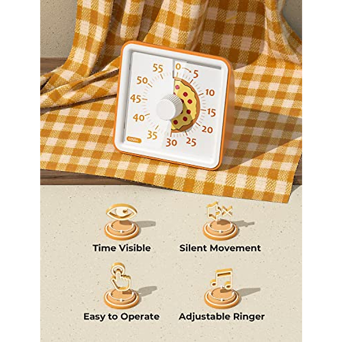 LIORQUE 60 Minute Visual Timer for Kids, Visual Countdown Timer for Classroom Office Kitchen with 'Pizza' Pattern Design, Pomodoro Timer with Silent Operation (Batteries Included) - Orange …