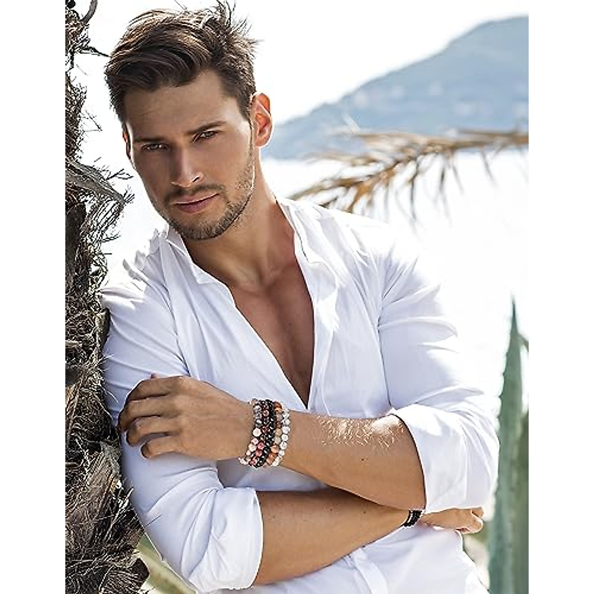 SROBENZ 5PCS Semi-Precious Gemstone Bracelets | Healing Crystal Stone Beaded Bracelets for Women Men 8mm Round Beaded Stretch Bracelets Unisex Stress Relief Yoga Bracelets Gifts(A)