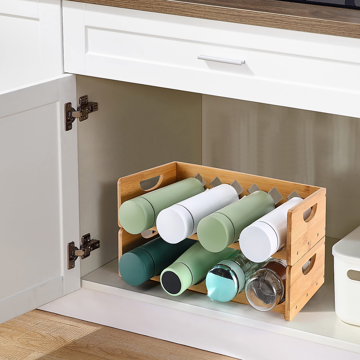 vinlley Bamboo Water Bottle Organizer, Free-Standing Stackable 4 Bottle Storage Holder Rack - Water, Wine, and Drink Organizer Shelf for Kitchen Countertop, Cabinet, Pantry, Fridge, Freezer - 2 Pack