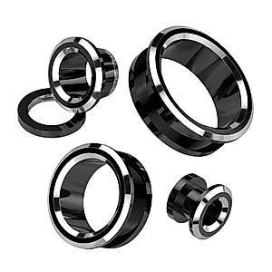 Pierced Owl 316L Stainless Steel Black and Silver Tone Rim Screw Fit Tunnel Plugs, Sold as a Pair (10mm (00GA))