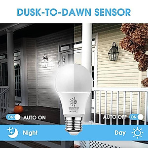 Dusk to Dawn Light Bulbs Outdoor, No Timer Required, 9W (60W Equivalent) 5000K Daylight White, E26 A19 Sensor LED Bulb, Built-in Photocell Detector for Porch Lights Boundary Garage Patio, 2 Pack