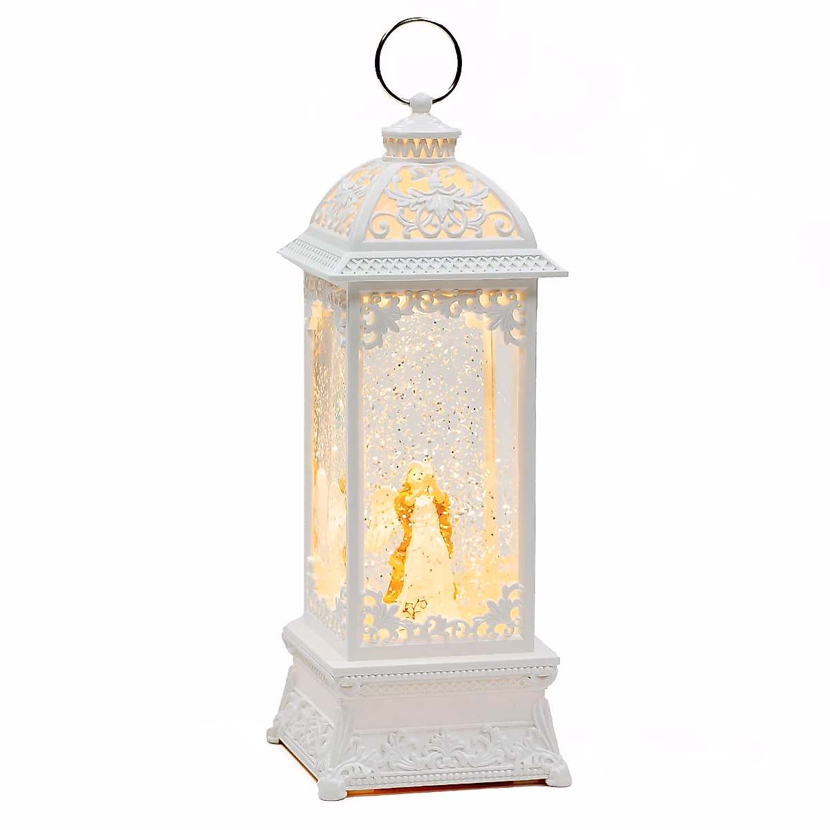DANVON 12” White Angel with The Pearl Snow Globe Lantern Lighted Box Night Light Battery Or USB Operated Led Lighted Water Glittering Music Playing for Home Decoration