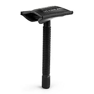 QSHAVE Double Edge 4 inch Long Handle Safety Razor for Men or Women Twist Butterfly Open Matte Black Steel Coating (1 Razor + 5 pcs Titanium Coated Blades + Leather Travel Case)