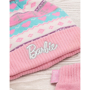 Barbie Hat and Gloves Kids Girls Pink Logo Knitted Pom Winter Beanie