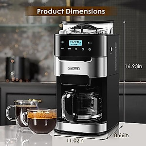 HOMOKUS 10-Cup Coffee Maker with Grinder, Touch Screen, Automatic Brew, Warming Plate, 1.5L Water Tank, Removable Filter - For Home and Office