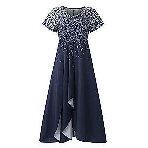 YUTANRAL Midi Dresses For Women Summer Formal Wedding Guest Casual Sexy Bridesmaid Dresses 2023 Womens Trendy Glitter Print V-Neck Short Sleeve Swing Ruffle Cocktail Prom Dresses(K Dark Blue,XX-Large)
