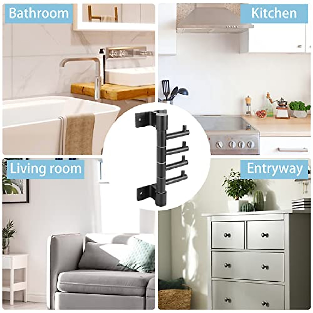 Rotating Coat Hooks for Hanging with 4 Swivel Arms,Multiple Bathroom Wall Mounted Towel Hooks,Heavy Duty Wall Clothes Hooks,Wall Coat Rack Hat Hooks,Shower Sponges Bathrobe Key Holder Hanger (Black)