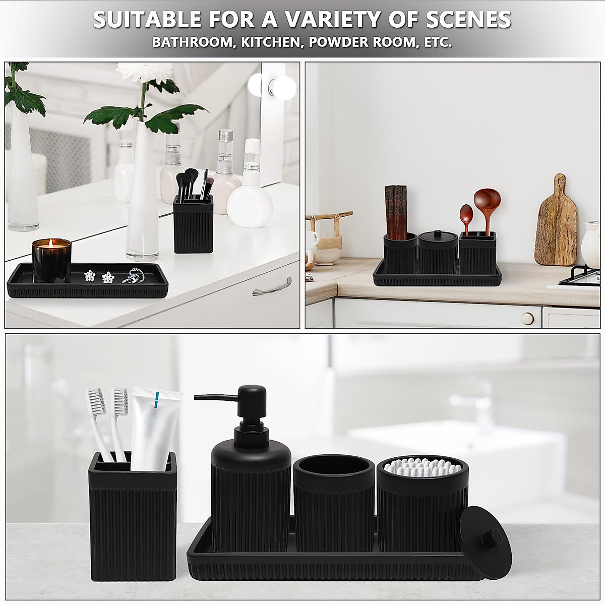Resin Matte Black Bathroom Accessories Set 5 Pcs, Lotion Soap Dispenser Toothbrush Holder Bathroom Tumbler Cotton Swab Jar and Multifunctional Tray, Bathroom Organizer Accessory for Modern Home Decor