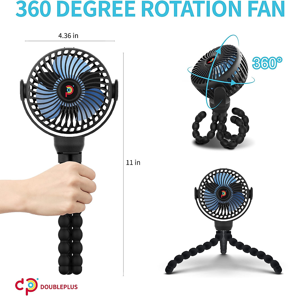 DoublePlus Fan Compatible With Peloton Bike & Bike Plus, Most Exercise bike & Treadmill, 360 degree Flexible Tripod with 3 Speed, Upgrade Battery Powered, Clip Fan, Accessories for the Bike