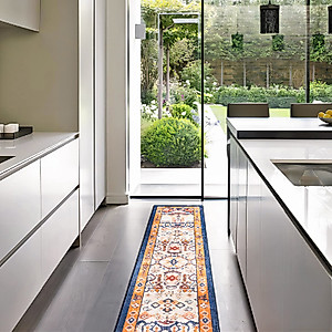 Phantoscope Hallway Runner Rug 2'x6' - Boho Washable Non-Slip Kitchen Rug Runner, Ultra-Thin Vintage Distressed Accent Throw Rug for Entryway Laundry Bathroom Bedroom, Navy/Orange