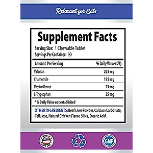 PET SUPPLEMENTS cat Relaxing Pills - CAT Relaxant - Calm and Relaxed Formula - Anxiety Relief - Chewy Treats - tryptophan for Cats - 1 Bottle (90 Chews)