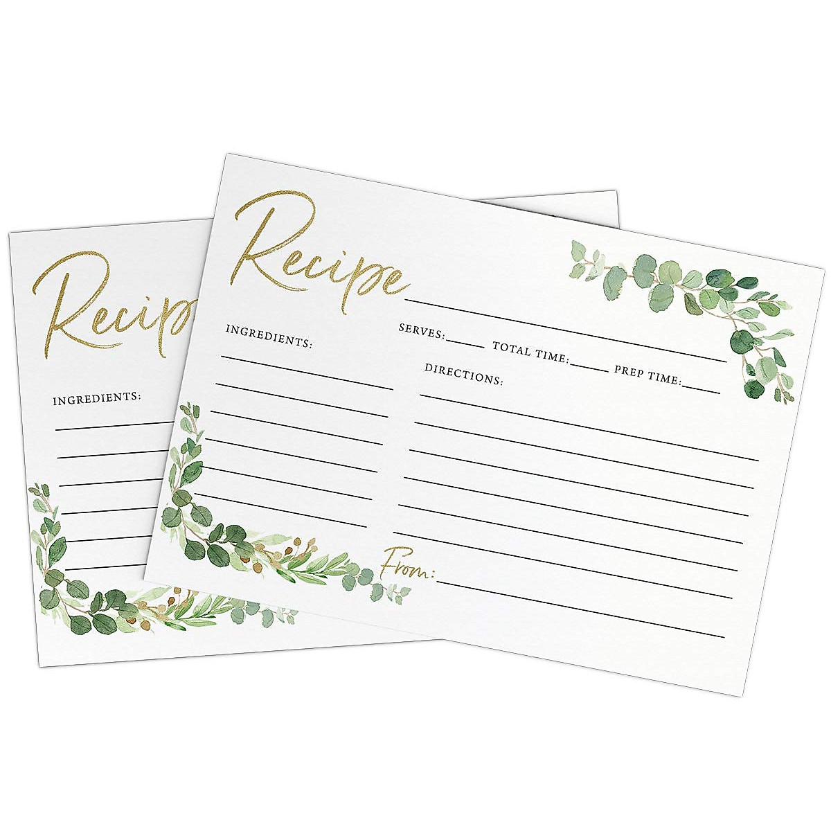 Printed Party Recipe Cards, Gold Greenery, Set of 50