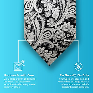 GoTie Paisley Neckties For Men - Ready to Wear - Pretied Adjustable Neckties - Silver Paisley Tie