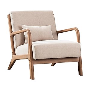 ANJ Modern Arm Chair, Mid-Century Modern Accent Chair Upholstered Lounge Chair with Pillow and Solid Wood Frame, Linen Fabric Comfy Chairs for Living Room