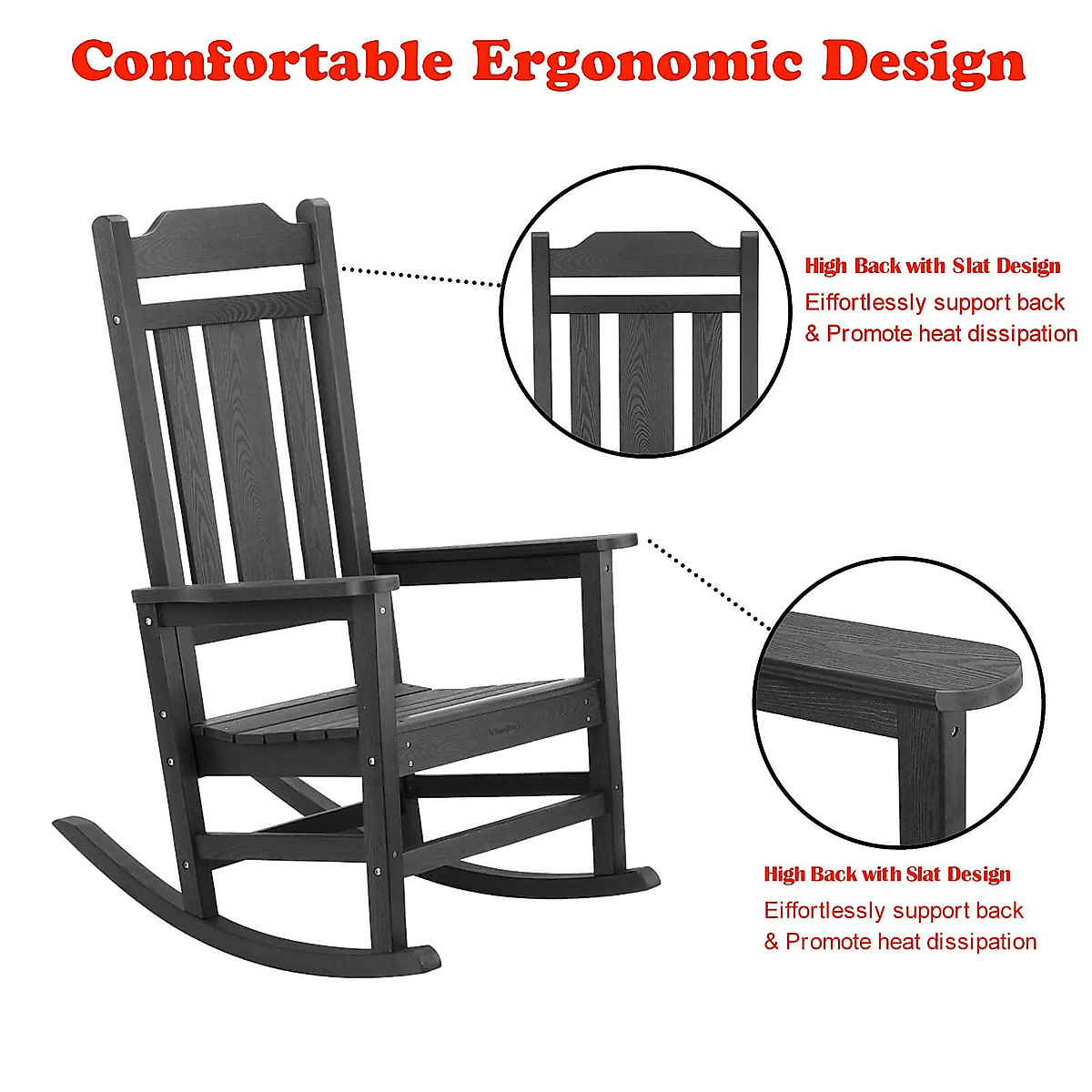 hOmeHua Rocking Chair, All-Weather Oversized Outdoor Indoor Chair, Patio Fade-Resistant Porch Rocker Chair, Durable Smooth Rocking, Comfortable Easy to Assemble, Low Maintain (Black)