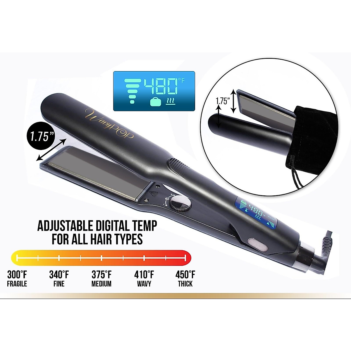 Wavy POP PRO 2 in 1 Titanium Flat Iron Hair Straightener & Curling Wand 1.75" | Professional Straightening Hair Iron with Ceramic MCH Fast Heat, Auto Shut Off | Dual Voltage with Travel Bag