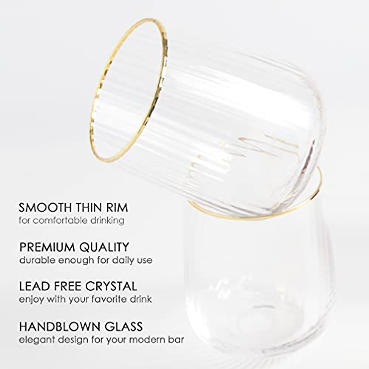 Lysenn Stemless Wine Glasses Set of 4 - Premium Hand Blown Drinking Glasses for White and Red Wine - Elegant Vertical Stripe and Gold Rim Design - Clear 15oz