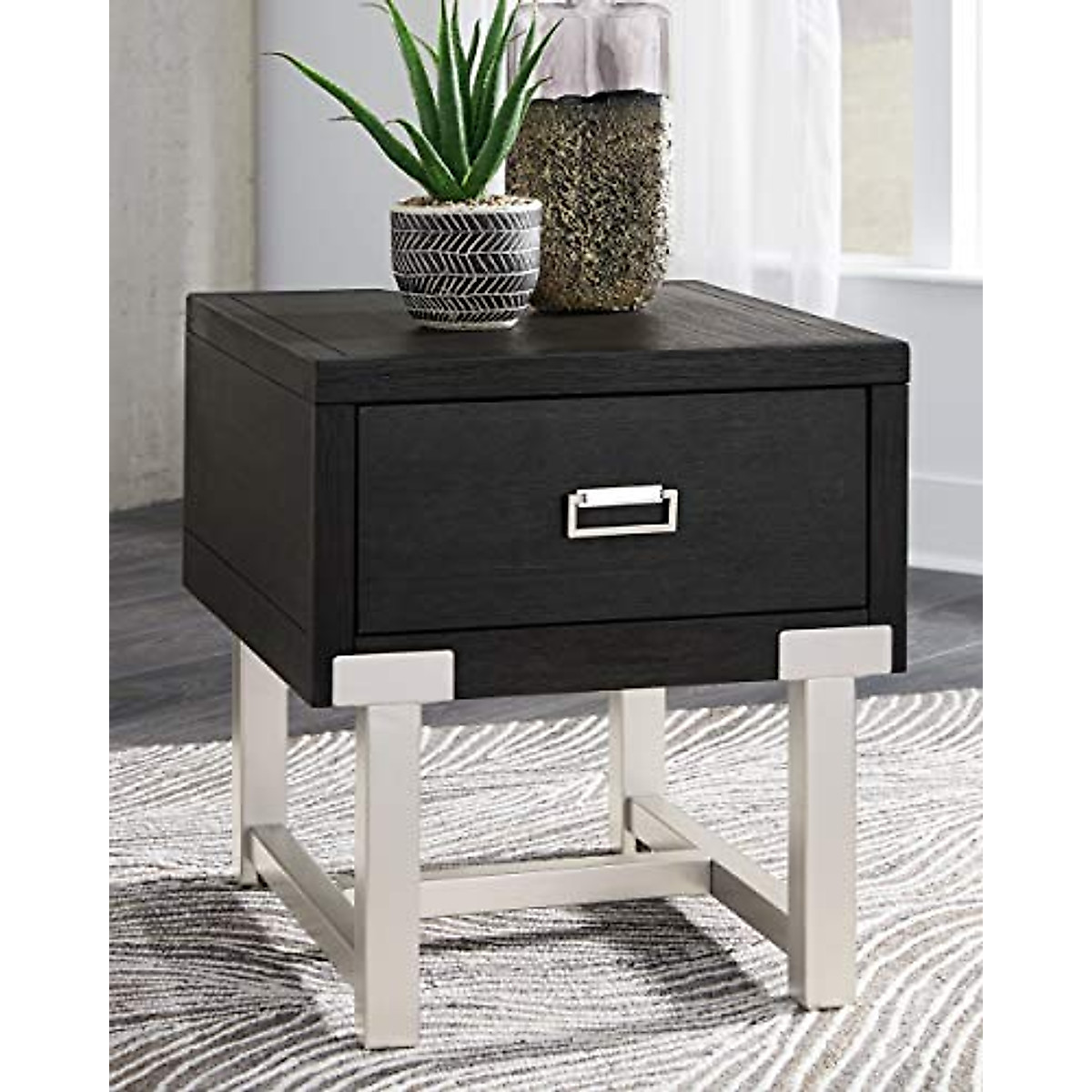 Signature Design by Ashley Chisago Contemporary Rectangular End Table with Outlets and USB Ports, Black & Silver