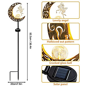 Solar Garden Lights Outdoor Decor, Moon Fairy Crackle Glass Globe with Angel Yard Pathway Stake Lights Solar Powered Waterproof for Walkway Lawn Patio Courtyard Garden Decoration Mothers Day Gifts