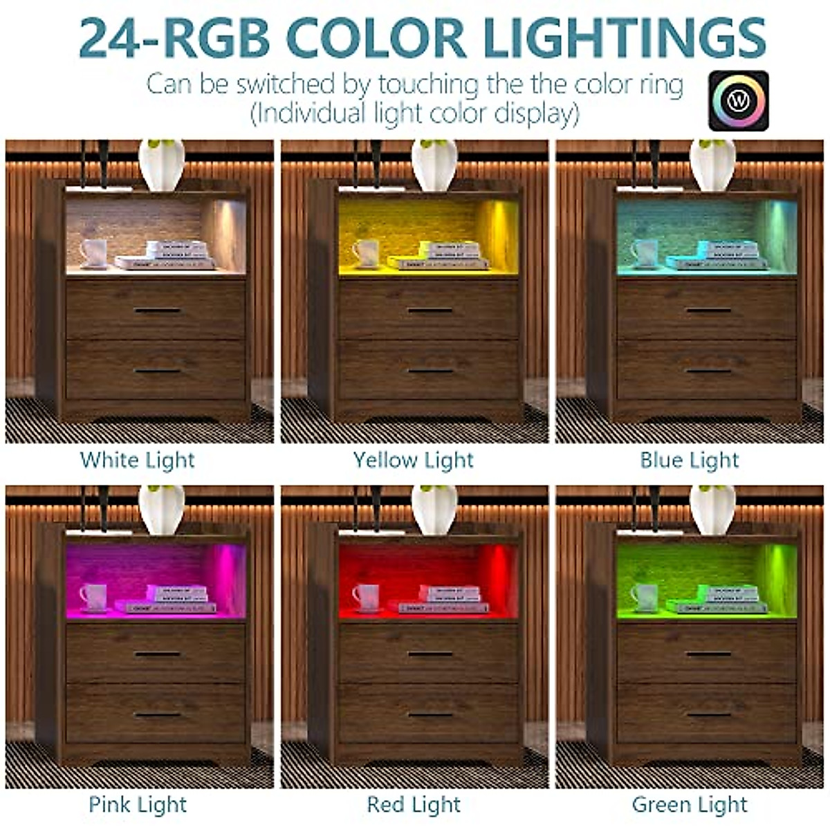 dnbss Brown Nightstand with Charging Station, Smart Bedside Table with 24-Color RGB LED Lights, Charging Nightstand for Bedroom, Modern End Side Table for Living Room Office
