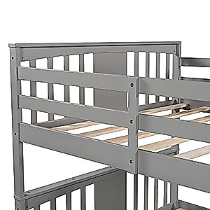 Dividable Full Over Full Bunk Bed with Ladder for Kids, Teens, Adults, No Box Spring Required Solid Wooden Bedframe w/Full-Length Guardrail, Bedroom, Guest Room Furniture, Gray
