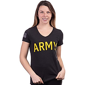 Army Women's V-Neck | U.S. Military Infantry Sleeve Flag Female Soldier T-Shirt Wife Mom Top, Black-(VneckBLK,L)