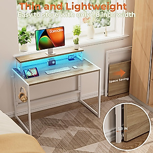 SOROGRA Small Folding Desk 31.5 Inch, Foldable Computer Desks with LED Lights and Monitor Stand, Work Portable Table for Home Office Bedroom, Oak