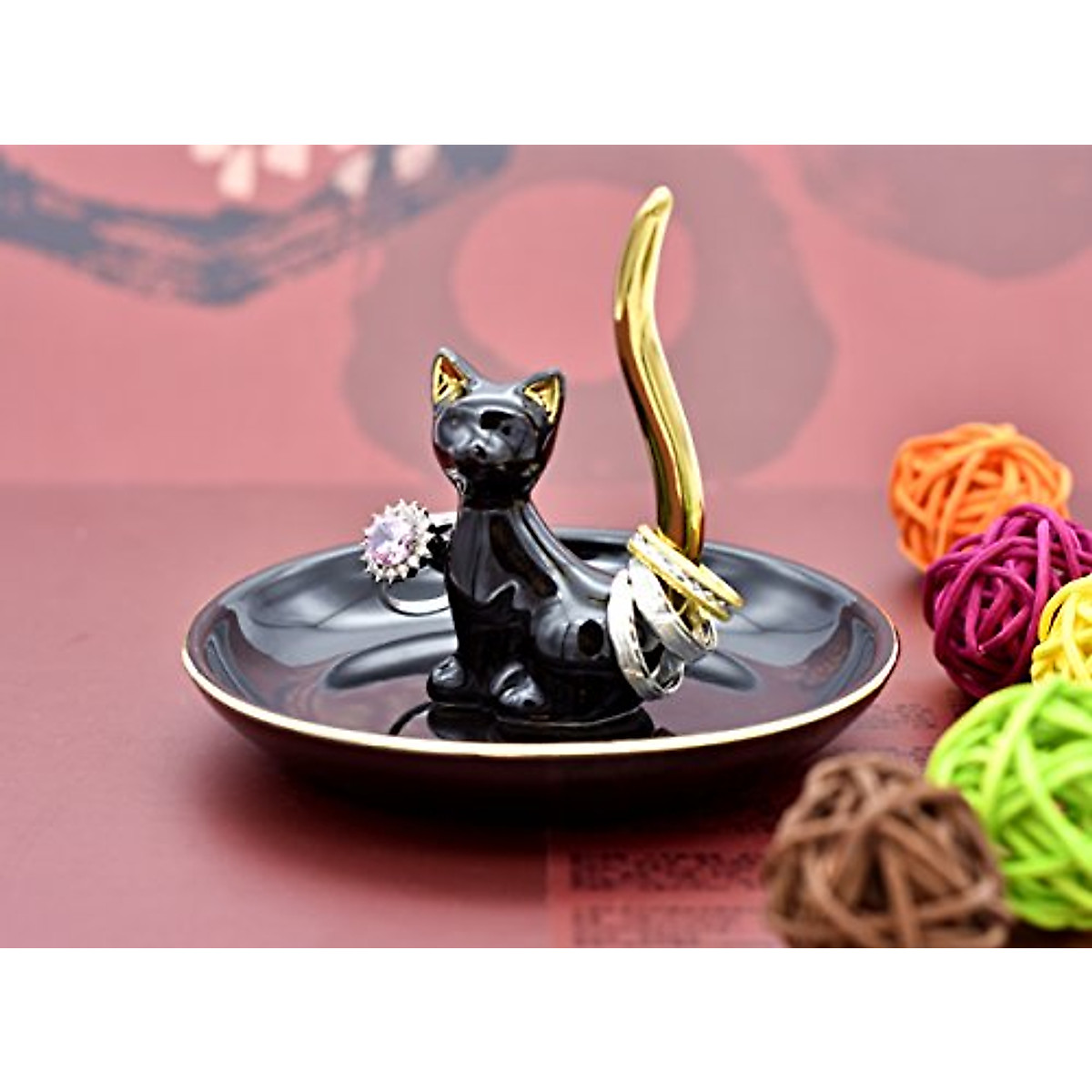 Exembe Happy Cat Posture Trinket Tray Decorative Ring Holder Jewelry Storage Dish Black/Golden Tail