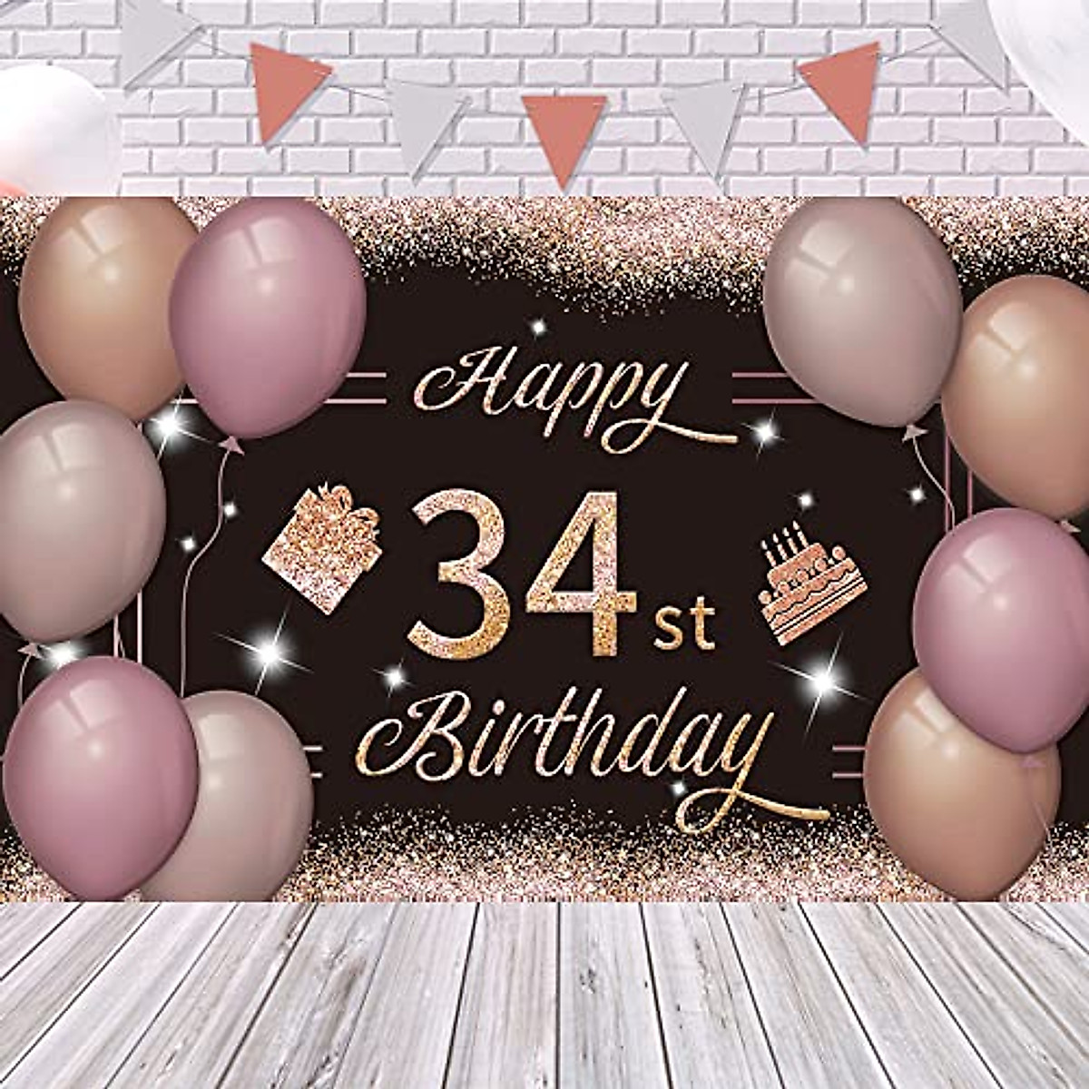 Happy 34st Birthday Backdrop Banner Black Pink 34th Sign Poster 34 Birthday Party Supplies for Anniversary Photo Booth Photography Background Birthday Party Decorations, 72.8 x 43.3 Inch