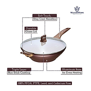 WaxonWare 12.5 Inch Non Stick Wok With Glass Lid Coated With Marbellous (A 100% PFOA & APEO Free German Non Stick Coating) - For Stir-Frying, Shallow Frying, Deep Frying & Braising