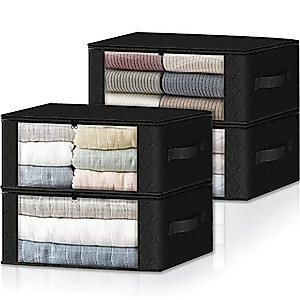 HomeHacks Storage 4-Pack Clothes Organizer Storage Bags Foldable Storage Box with Large Clear Window Sturdy Handles for Closet, Dorm, Pillows, Bedding, Clothes, Stuffed Toys, Blankets, 35L, Black