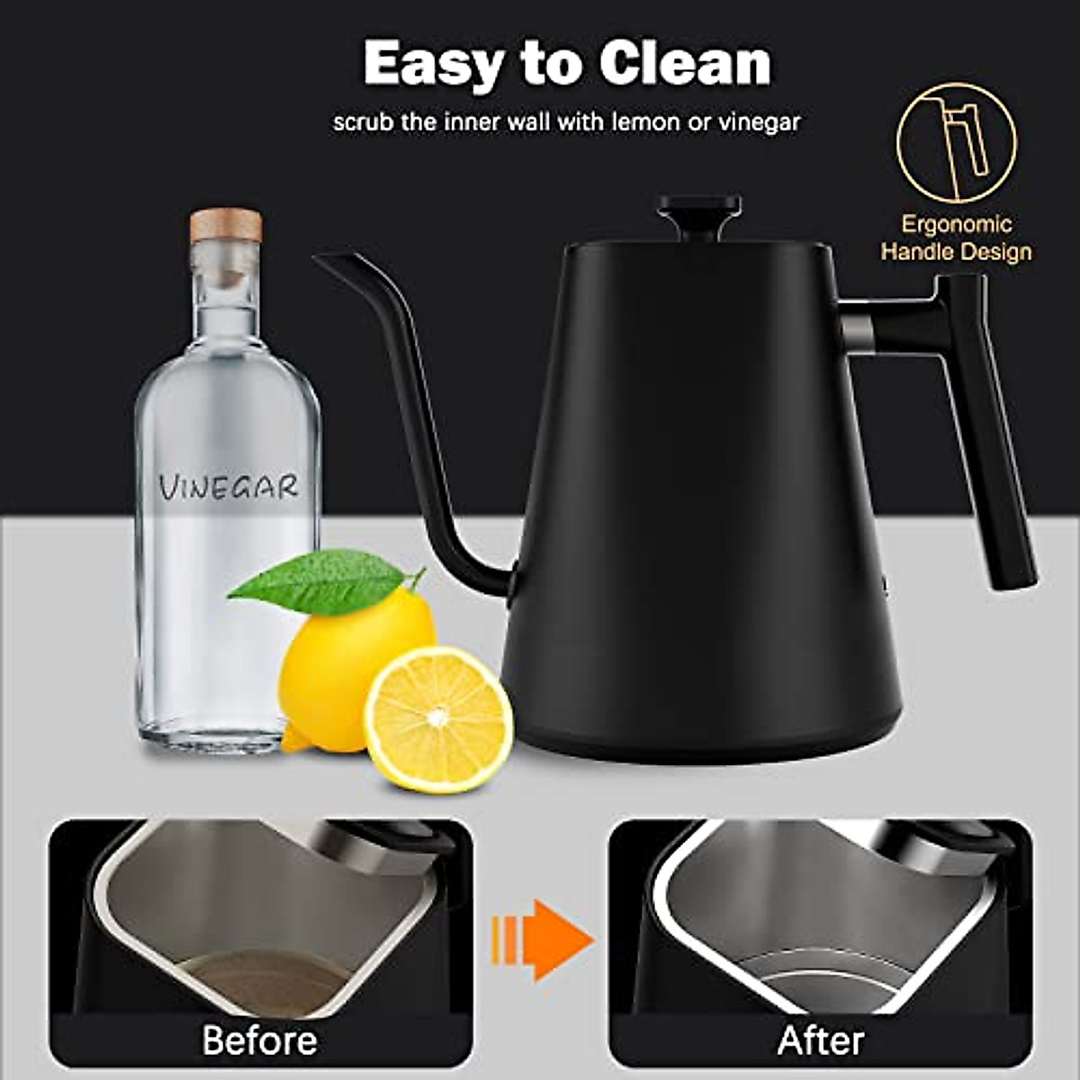 Vmotal Gooseneck Kettle, 1200W Electric Kettle with Fast Heating, Temperature Variable for Coffee Tea Brewing, Stainless Steel, Leak-Proof, 24H Keep Warm, Auto Shut off, Anti-dry Protection, 0.9L