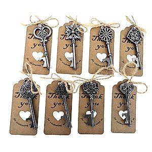 80pcs Skeleton Key Bottle Opener Wedding Party Favor Souvenir Gift with Escort Tag and Jute Rope(Gun Black Tone,8 styles)