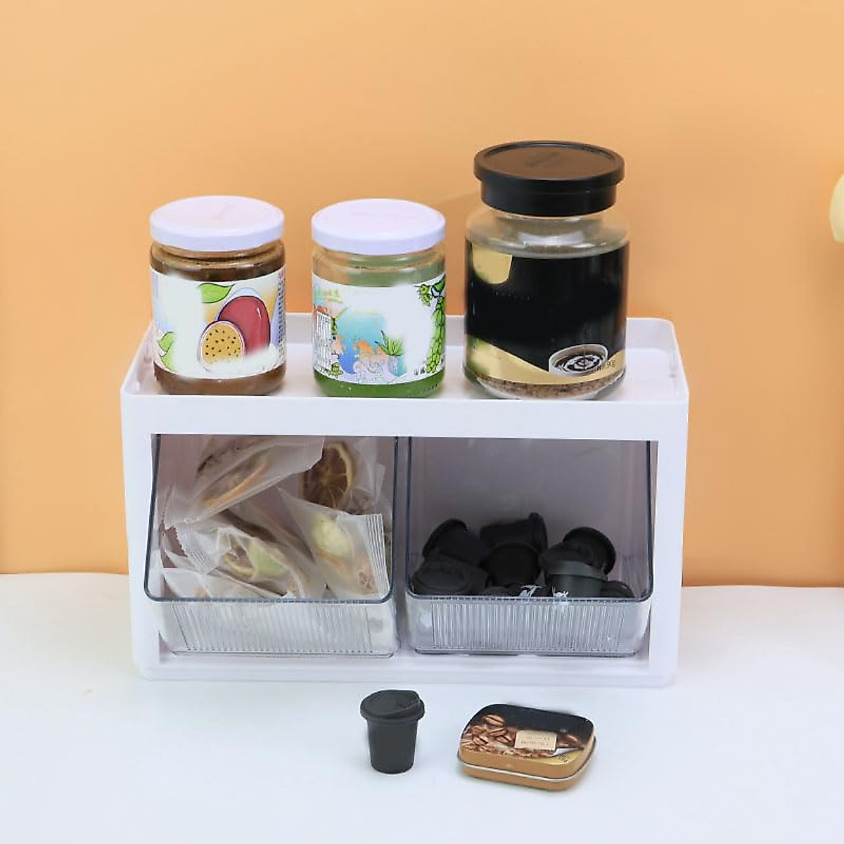 Tea Bag Storage Rack, Multifunctional Space Saving Compact Wall Mounted Coffee Capsule Holder for Office Pantry (Cream White)