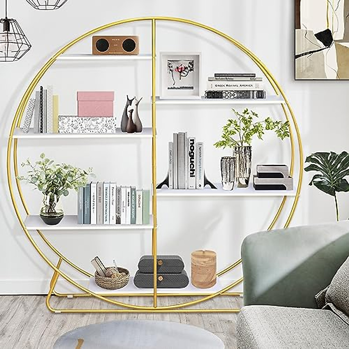 KNIGHTCRAFT White and Gold Bookshelf Circular Office Bookshelves 57" Tall Arched Book Shelves Open Etagere Bookcase Large Round Book Shelf for Living Room Modern Home Furniture