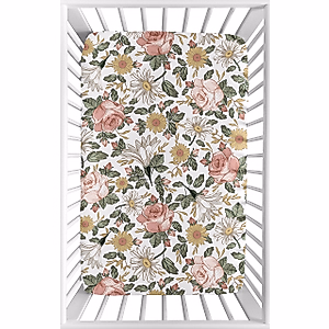 Sweet Jojo Designs Vintage Floral Boho Girl Fitted Mini Crib Sheet Baby Nursery for Portable Crib or Pack and Play - Blush Pink, Yellow, Green and White Shabby Chic Rose Flower Farmhouse